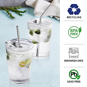 RÉΑLWÁY 16 OZ Iced Coffee Cups with Lids and Straws Set of 4, Unbreakable Plastic Drinking Glasses Reusable Iced Coffee Glass to Go Cup for Iced Tea,Juice, Water,BPA Free, Dishwasher Safe