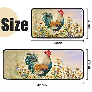 2Pcs Rooster Farmhouse Theme Rugs for Kitchen Floor 2 Pieces Farmhouse Style Kitchen Mats for Kitchen Decor Non Slip Washable Standing Kitchen Runner Mats 17"x30"+17"x47"