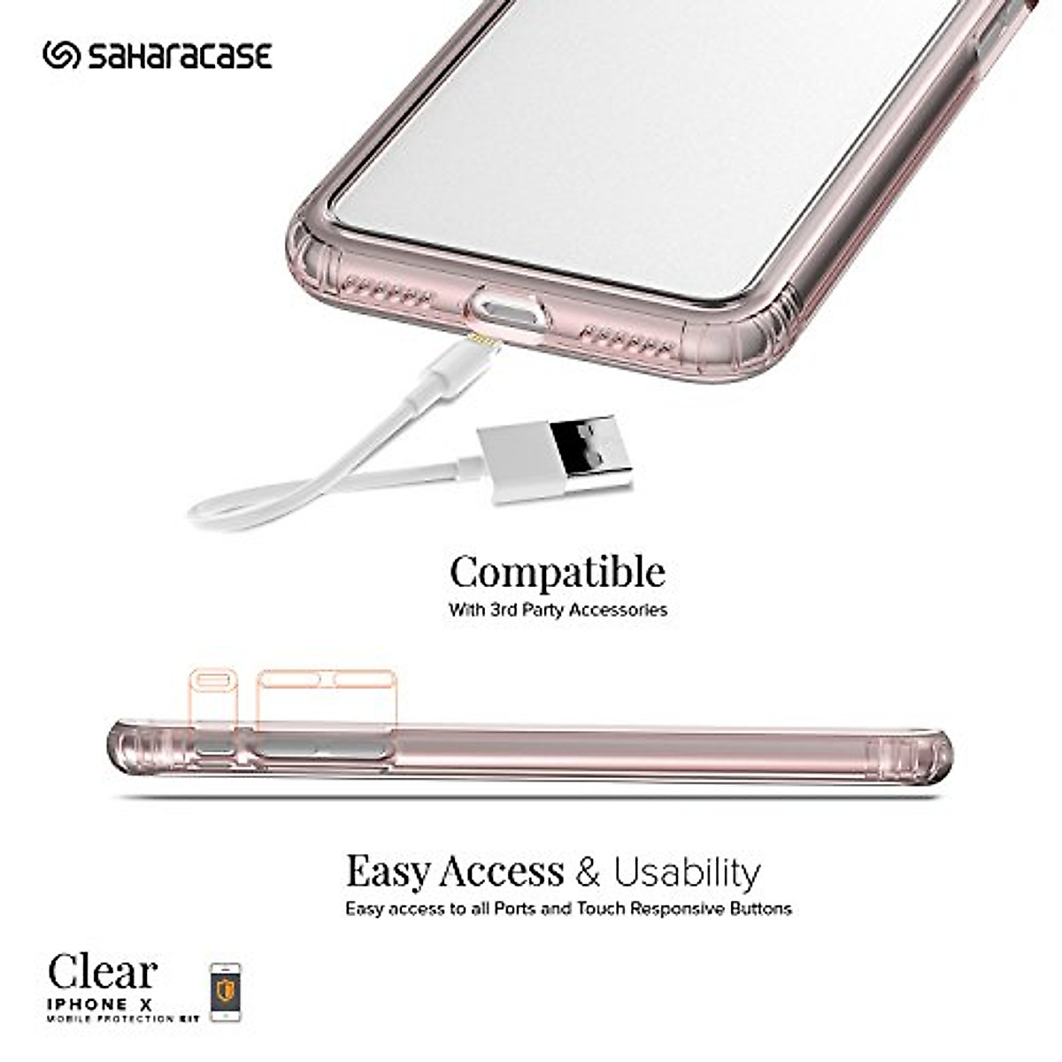 iPhone X/XS Case, SaharaCase Protective Kit Bundle + ZeroDamage Tempered Glass Screen Protector Rugged Protection Anti-Slip Grip Shockproof Bumper Anti-Scratch Back Slim Fit - Clear Rose Gold