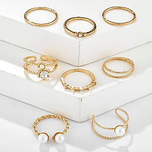 Missgrace 8 Piece Gold Knuckle Ring Set Vintage Pearls Rhinestones Boho Stackable Adjustable Rings for Women (Style 5)
