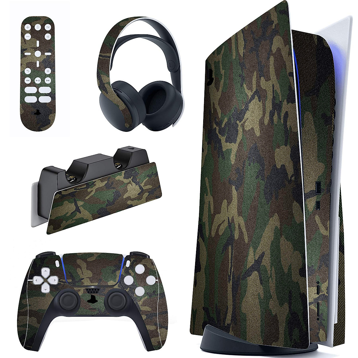 PlayVital Army Green Camouflage Full Set Skin Decal for ps5 Console Disc Edition, Sticker Vinyl Decal Cover for ps5 Controller & Charging Station & Headset & Media Remote