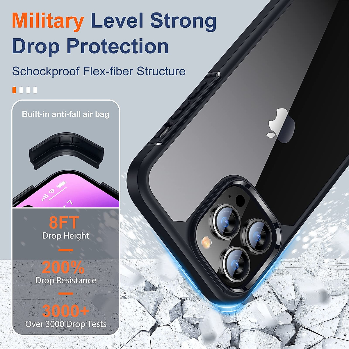 UniqueMe [5 in 1 Design for iPhone 14 Pro Max 6.7 inch Case, 2 Pack Screen Protector Tempered Glass + 2 Pack Camera Lens Protector, [Non-Yellowing] Shockproof Ultra Thin Protective Cover Clear