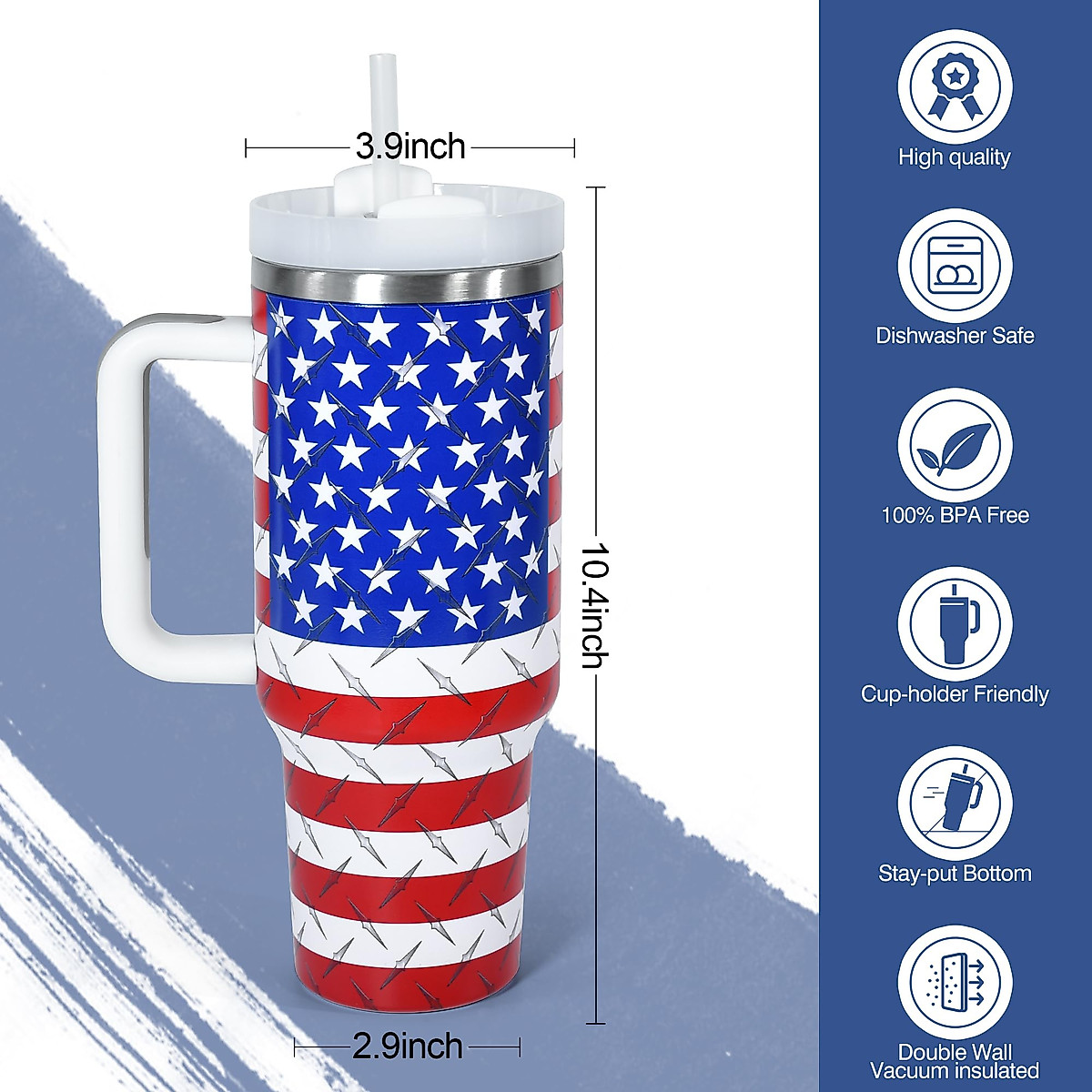 Icesip 4th of July Gifts For Him, 40oz Tumbler with American Flag, Insulated Steel Patriotic Cup USA Coffee Mug with Handle & Lid for Husband, DAD, Men