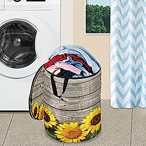 xigua Sunflower Wood Popup Laundry Hamper with Zipper Lid, Foldable Pop-up Hamper Dirty Clothes Basket with Handles for College Dorm, Apartment, Laundromat