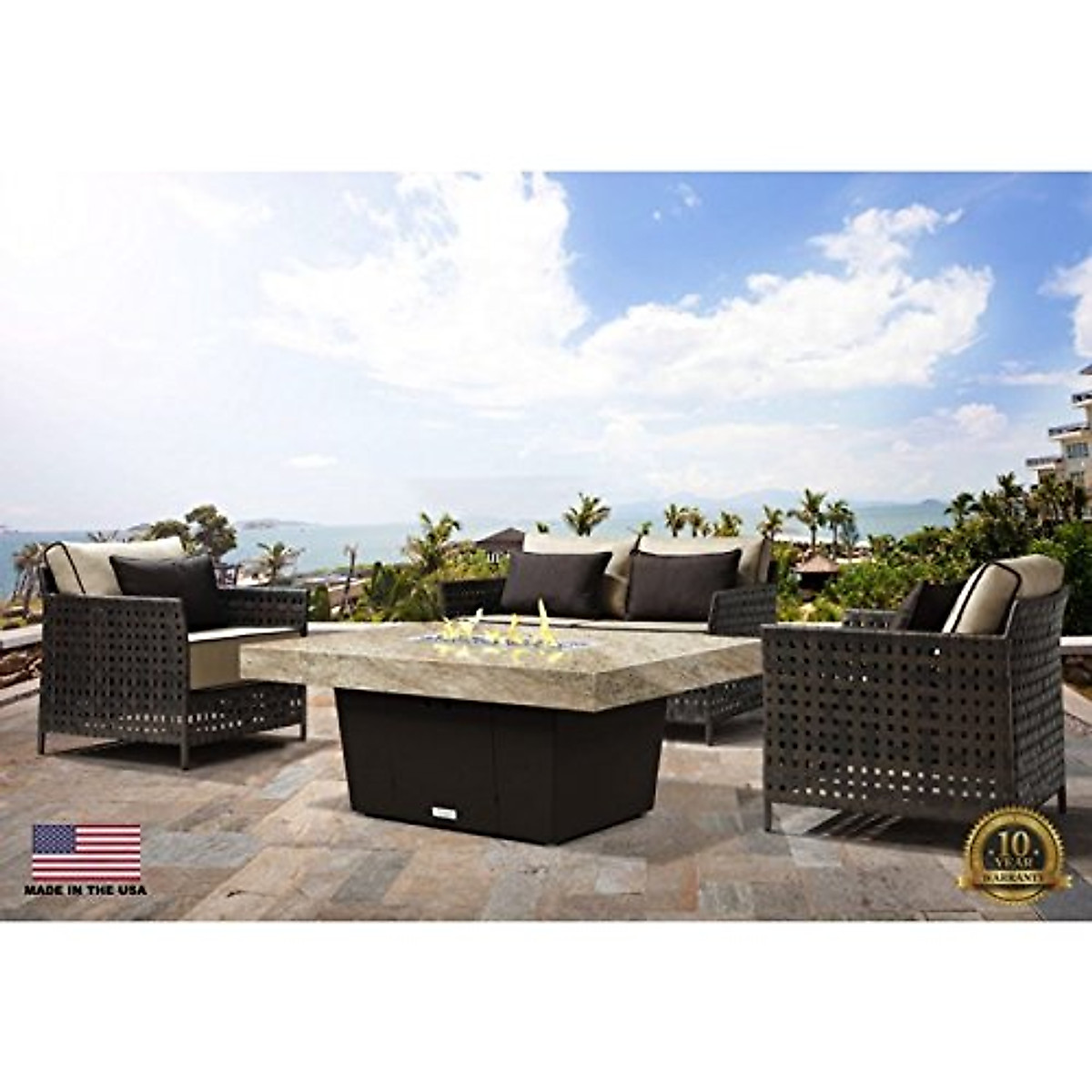 COOKE Palisades Rectangular Fire Pit Table - 52x36 - Chat Height - Natural Gas - Beige Powdercoat Top with 6cm Edge - Beige Powdercoat Base