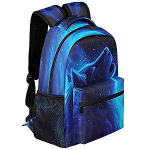 Wolf Backpacks for Boys Girls, Blue Galaxy Cool Wolf Lightweight School Backpack Laptop College Bookbag, Travel Casual Daypack, Hiking Camping Computer Rucksack