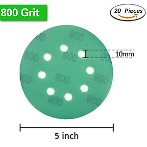 POLIWELL 5 Inch Sanding Discs 8 Holes 800 Grit Wet Dry Film-Backed Green Line Hook and Loop Dustless Power Random Orbital Sander Paper, for Car Paint Wood or Metal Grinding and Polishing, 20 Pack