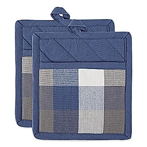 DII Tri-Color Check Collection Kitchen, Potholder Set, French Blue, 2 Piece