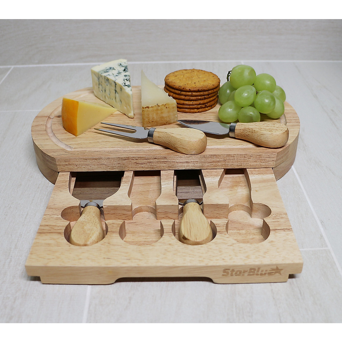 Cheese Board Set by StarBlue - with 4 Knives and Slide Out Drawer | Large Oak Wooden Cheese and Platter Cutting Serving Plate Tray | Best for Housewarming and Birthday Gift