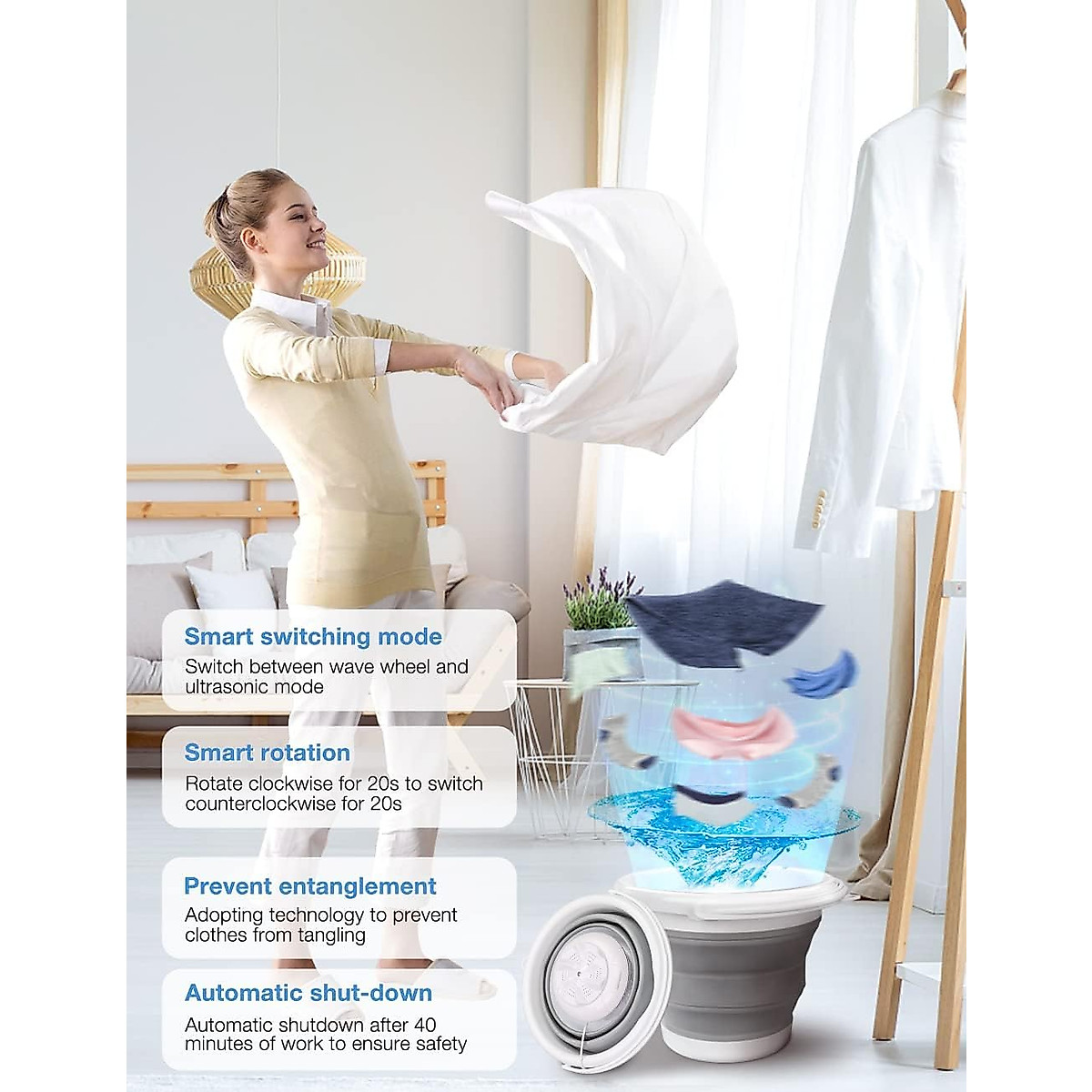 bubbacare Portable Washing Machine, Mini Washing Machine with Foldable Laundry Bucket,Portable Turbo Washer by for Socks Underwear Bra, Travel Business Trip or College Rooms, White Gray