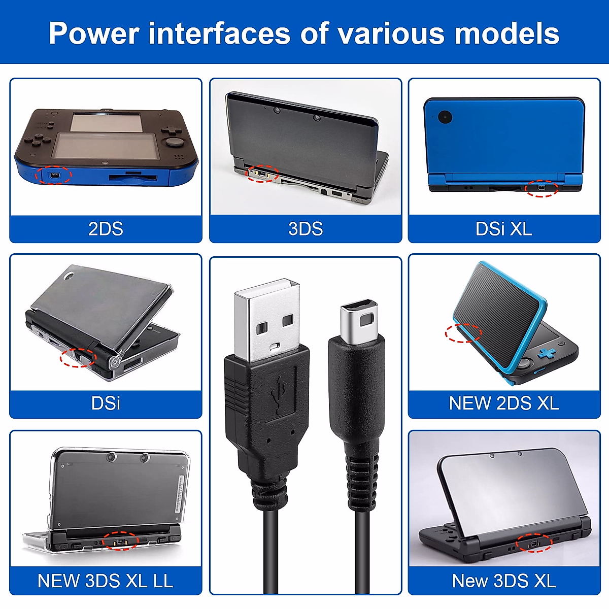 Trenro 2 Pack 3DS Charger Cable, 2DS DSi USB Power Charging Cord Compatible with Nintendo New 3DS XL/New 3DS/ 3DS XL/ 3DS/ New 2DS XL/New 2DS/ 2DS XL/ 2DS/ DSi/DSi XL, 4ft, Black