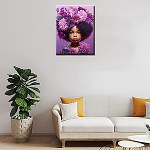 Tucocoo Purple Flowers Paint by Number for Adults, DIY Oil Painting Kits on Canvas with Brushes and Acrylic Pigment, African American Little Girl Portrait Artwork for Home Decor 16x20inch (Frameless)