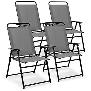 Tangkula Patio Folding Dining Chairs Set of 4, Space-Saving Outdoor Sling Chairs with Armrest & Backrest, Triangular Frame, Footpads, Outdoor Patio Chairs for Balcony, Garden, Poolside (Gray)