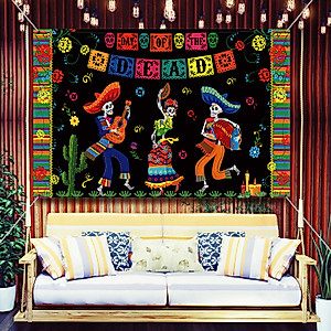 Day of The Dead Party Supplies, 6 x 3.6 ft Extra Large Fabric Day of The Dead Backdrop Banner for Halloween - Party Decoration Photo Booth Backdrop Skull Background Banner