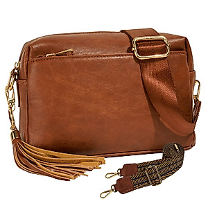 LUCKWE Crossbody Bags for Women,Small Vegan Leather Crossbody Purse,Women's Shoulder Handbags with 2 Wide Straps & Tassel Brown