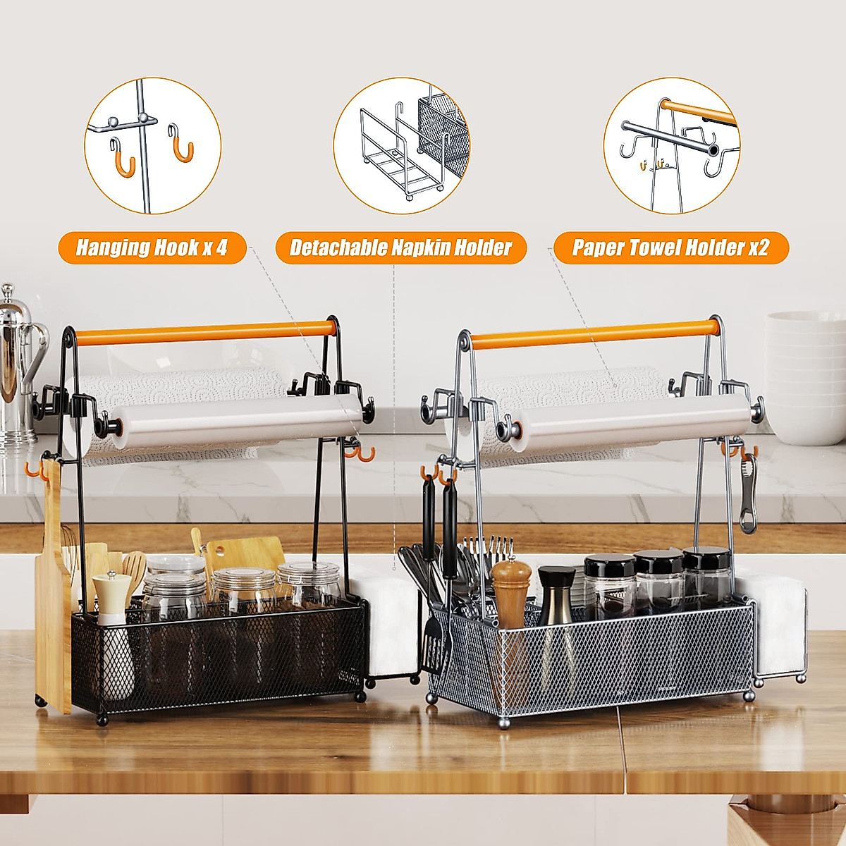 PHINOX Utensil Caddy, Silverware Caddy Condiment Caddy, Utensil Holder for Party, Picnic Flatware Caddy with Handle and Paper Towel Roll Holders, Utensil Cutlery Caddy for Camping, Kitchen (Silver)