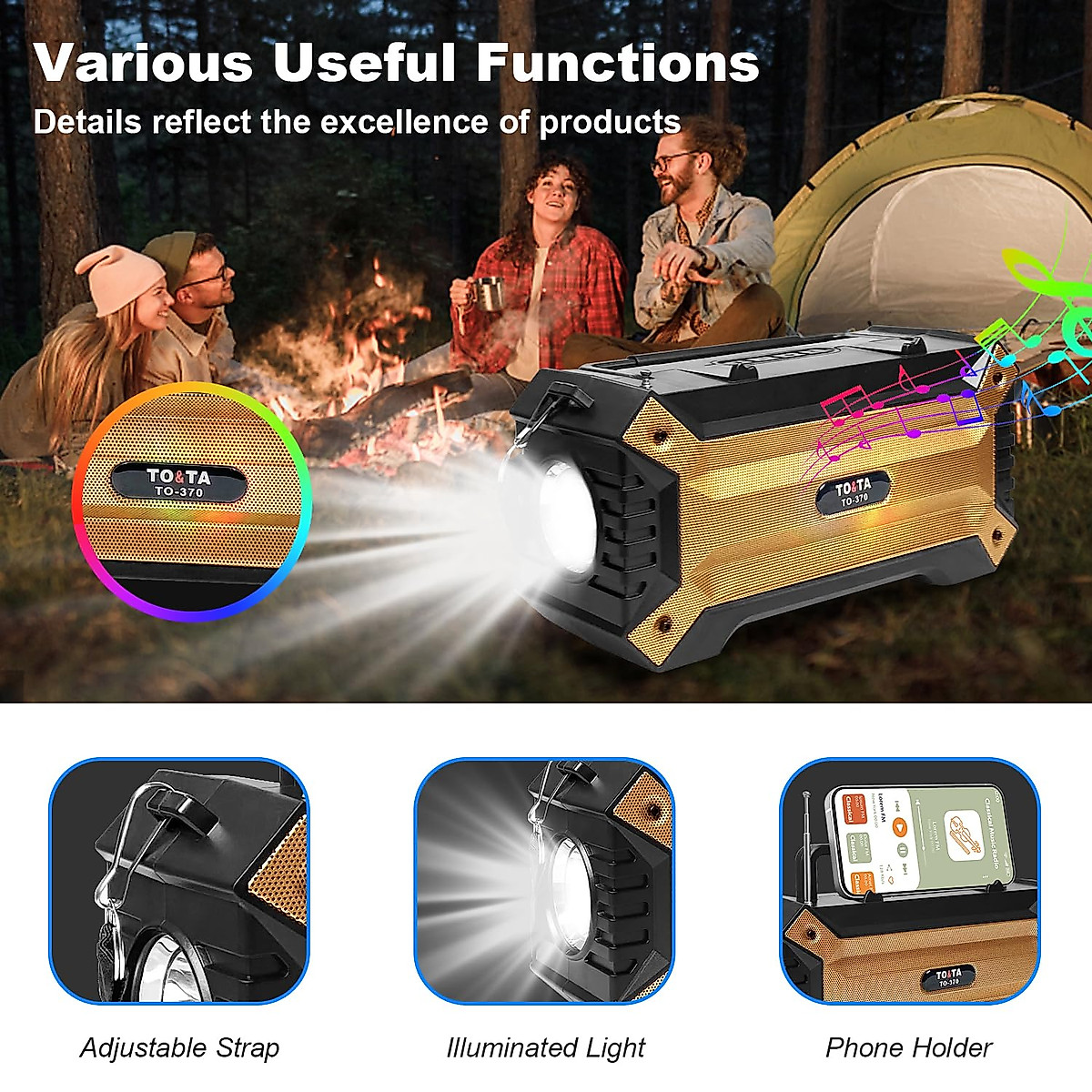 Solar Bluetooth Speaker with Flashlight, Portable Rechargeable Outdoor Speaker with Phone Holder Shoulder Strap for Party Hiking Picnic Family