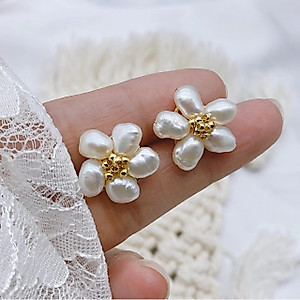 Baroque Pearl Stud Earrings for Women, Handmade Flower Pearl Stud Earings 14K Gold Plated 925 Sterling Silver Post (White)