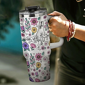 Personalized Mothers Day Birthday Gifts for Mom Nana Grandma, Custom You Hold Our Hands Also Our Hearts 2D 40oz Tumbler with Name, Customized Mother's Day Gifts from Daughter Son Kid, Travel Cup