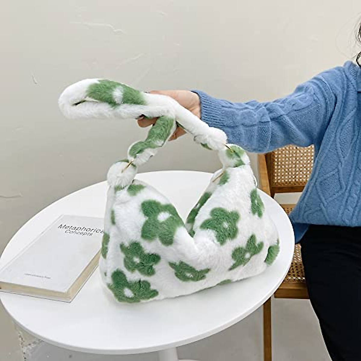 Fluffy Tote Bag Y2K Green Flower Plush Underarm Bag for Women Furry Shoulder Bag Faux Fur Tote Purse for Autumn Winter