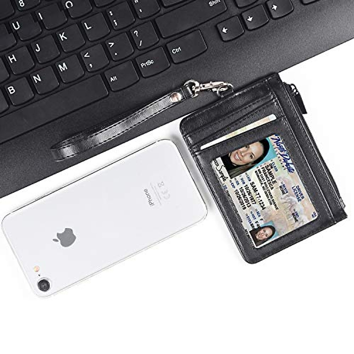 Teskyer Minimalist Wallet, Slim Wallet with Neck Lanyard and Wrist Strap, Credit Card Holder Wallet, RFID Blocking Front Pocket Wallet for Men Women, Black