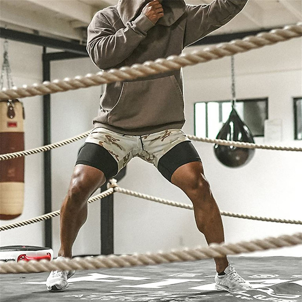 DIOTSR Mens 2 in 1 Running Workout Shorts Lightweight Athletic Gym Shorts with Pockets (Camo Khaki X-Large)