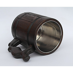 Etno Motif Handmade Wood Mug 20 oz Stainless Steel Cup Carved Natural Beer Stein Old-Fashioned Brown - Wood Carving Beer Mug of Wood Wooden Beer Tankard Capacity: 20oz (600ml) - Great Gift Idea
