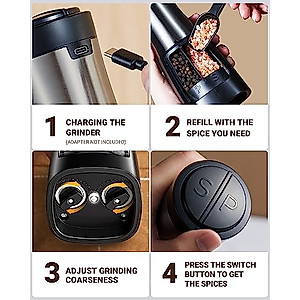 2 in 1 Electric Salt and Pepper Grinder Set Shaker USB Rechargeable, Sangcon Salt and Pepper Grinder Mill Set Dual In One, Automatic Refillable Adjustable Coarseness Ceramic Grinder with Light