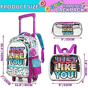Meetbelify Rolling Backpack for Girls Backpack with Wheels Kids Luggage for Elementary Students with Lunch Box Set for Girls Purple