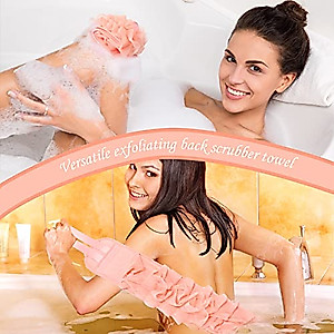 2 Pack Exfoliating Back Scrubber Double Sided Exfoliating Cloth with Strap Long Body Scrub Sponge Shower Loofah with Handle for Women Men Deep Clean Body Washing (Pink, Blue, Soft Cloth)