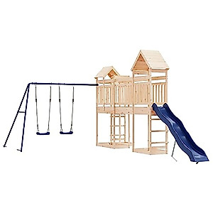 Loibinfen Outdoor Playset Solid Wood Pine,Garden Play Set with 1 Play Towers with Bridge,1 Wave Slide,1 Double Swing Set,Modern Outdoor Backyard Children's Climbing Wood Playground Playset,-4558