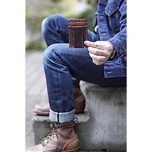 RAW HYD Men's Full-Grain Leather Slim Wallet with Money Clip - RFID Blocking, 5 Card Sleeves, Holds 15 Bills, Compact & Durable - Hunter Brown