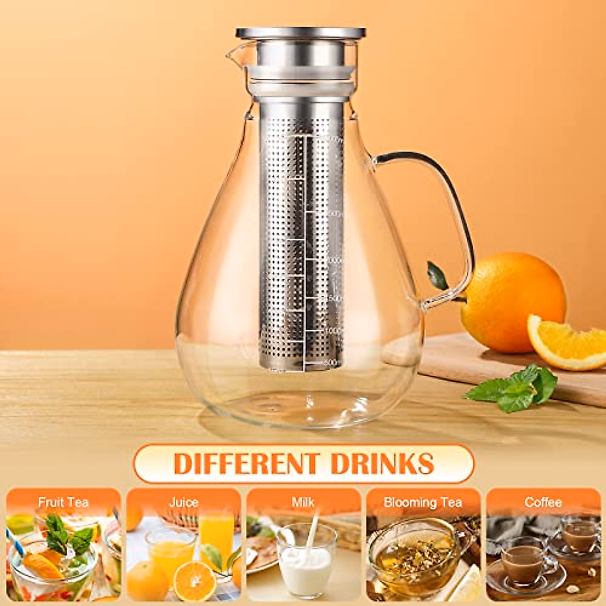 Glass Pitcher with Lid & Removable Fruit Infuser Filter, 105.6OZ Glass Fruit Infuser Water Pitcher with Precise Scale Line & Mix Spoon, HOUSALE 18/8 Stainless Steel Lid Iced Tea Pitcher Easy to Clean
