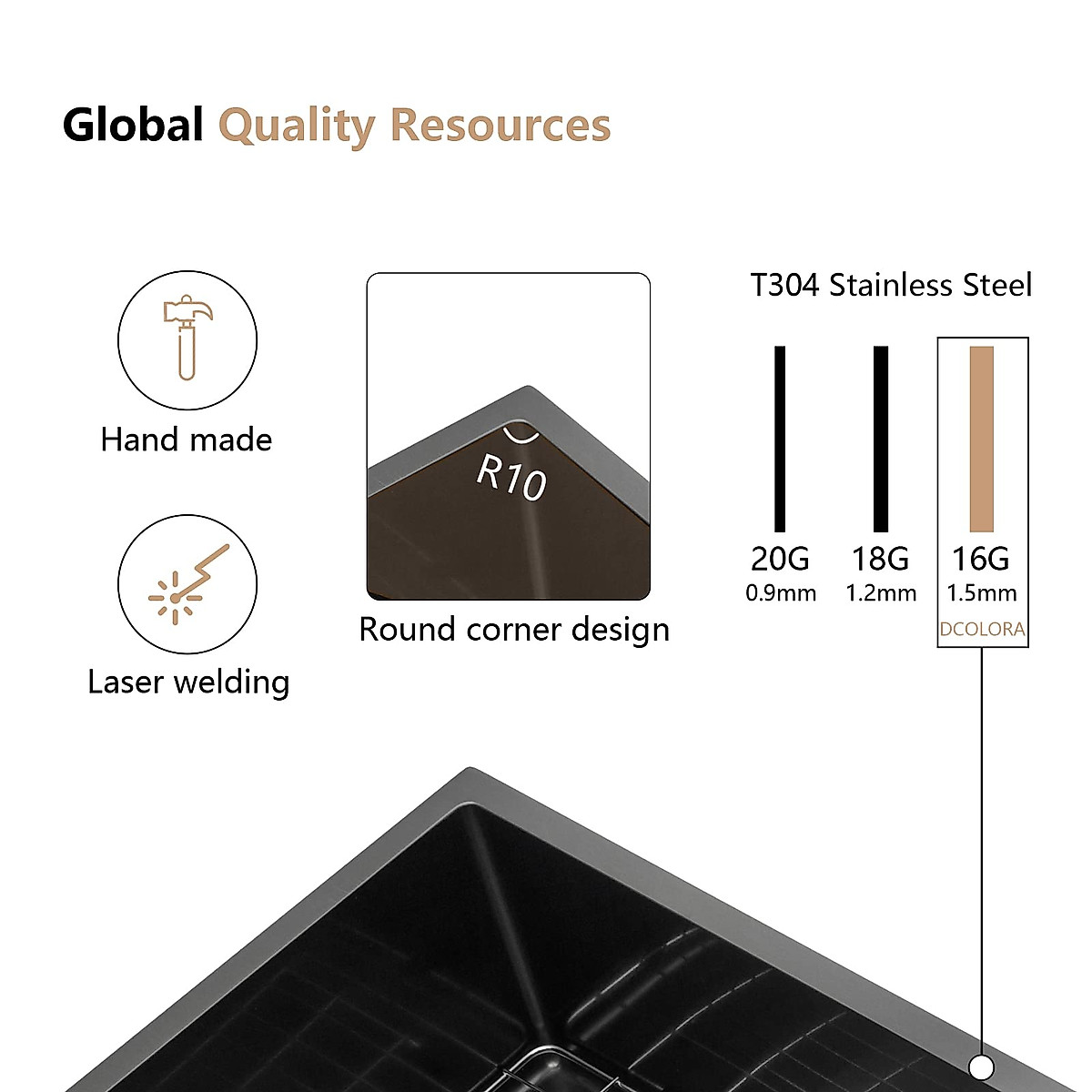 Dcolora 32 Inch Matte Black Undermount Kitchen Sink Gunmetal Stainless Steel 16 Gauge Single Bowl Under Counter Basin, 32"x19"x10", DC-U7726