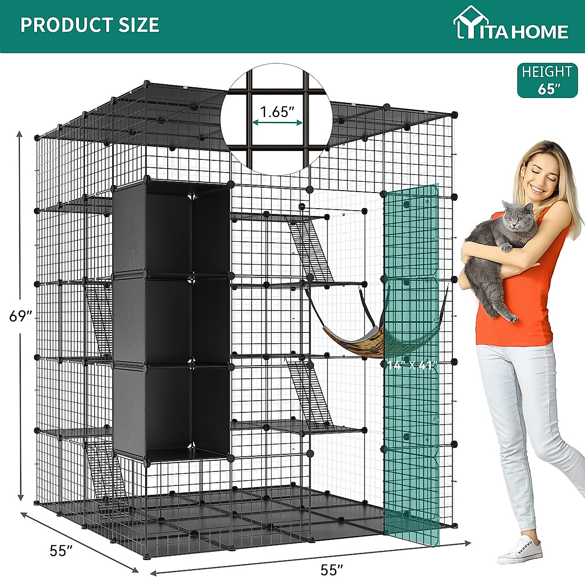 YITAHOME Cat Cage Indoor Large with Storage Cube DIY Outdoor Cat Enclosures Metal Cat Playpen with Hammock Platforms for 1-4 Cats 5 Tiers Cat Kennel Catio