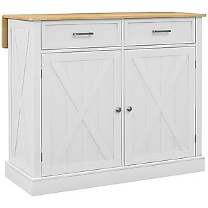 HOMCOM Rolling Kitchen Island with Drop Leaf Wood Breakfast Bar, Farmhouse Kitchen Cart with 2 Drawers, Adjustable Shelves for Dining Room, White