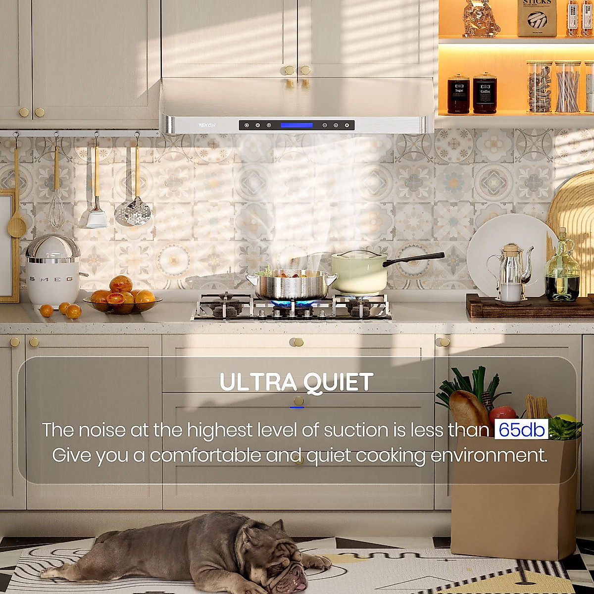 EKON 36 inches Under Cabinet Range Hood, 900 CFM Stainless Steel Kitchen Chimney Vent, 4 Speed Touch Screen Control With Remote 2Pcs 3W LED lights Dishwasher-safe Filters Fan Timer