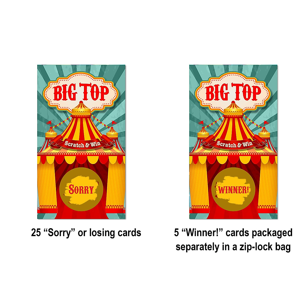 Big Top Scratch Off Cards - (30 Cards) - Promotional Scratch and Win – Raffle