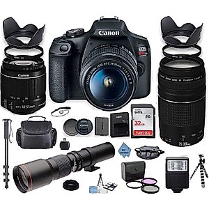 Canon EOS Rebel 2000D DSLR Camera with 18-55mm is II Lens Bundle + Canon EF 75-300mm f/4-5.6 III Lens and 500mm Preset Lens + 32GB Memory + Filters + Monopod + TOP KNOTCH Cloth (Renewed)