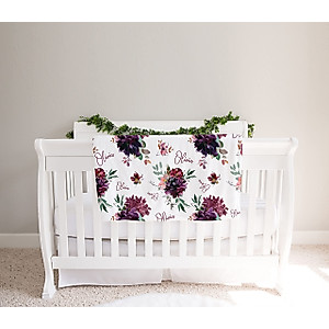 Stork Wares Violet Burgundy Floral Personalized Baby Girl Swaddle Blanket, White, 30x40', (BB336)