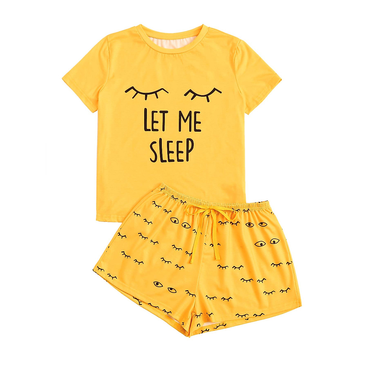 WDIRARA Women's Cute Cartoon Print Closed Eyes Print Tee and Shorts Pajama Set Yellow S