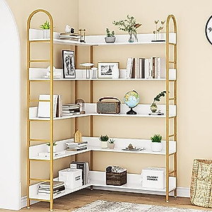 5-Tier Gold Bookcase, L-Shape Corner Bookshelf White & Gold, Modern Display Shelf Book Shelves with Adjustable Foot, Freestanding Storage Shelves for Home Office Use
