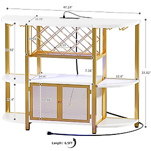 Unikito Gold Liquor Bar with LED Light, Wine Cabinet with Outlet, Freestanding Wine Rack Table with Door, Coffee Bar Cabinet for Liquor and Glass, Floor Bar Table Stand with Wine Storage Rack, White