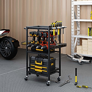 Power Tool Organizer Cart with Wheels, Garage Tool Shelf Drill Holders Garage Storage Organization Shelves with Screwdriver Heavy Duty Rack for Workshop Tool Room and Outdoors Working