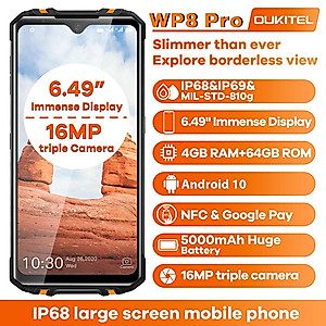 OUKITEL-WP8-Pro Smartphone Fingerprint Rugged Phones - 6.49”Display, 4/64GB Dual SIM IP68 Waterproof Unlocked Cell Phones, 16MP Triple Camera Face ID GPS NFC,US Version,AT&T,Orange