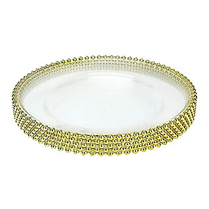 USA Party Flower Elegant Clear Acrylic(Plastic) Charger Plate with Bead Rim, Set of 12 (12.5 inch) (Gold)
