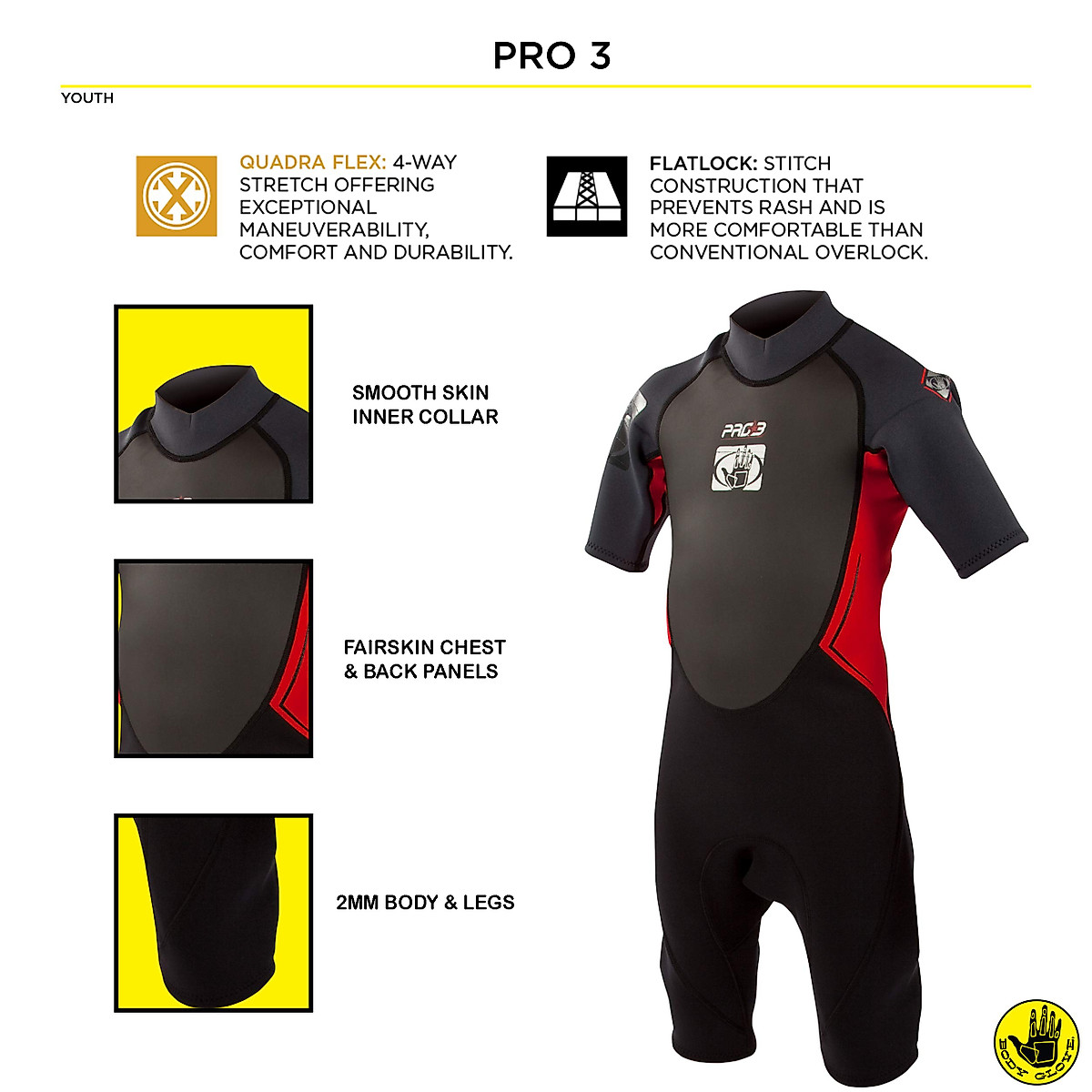 Body Glove Junior's Pro 3 Spring Wetsuit (Size 12) - Kids Suit Boys & Girls Swim Wear Short Sleeve Neoprene Open Water Thermal Short Pants Legs One Piece Childrens Bodysuit, Royal/Silver (9167J-12-RED)