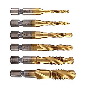 6 Pack Titanium Combination Drill Tap Bits Set, Metric HSS M3-M10 Screw Tapping Countersink Bit Tool, 1/4inch Hex Shank Screw Taps Tool Set