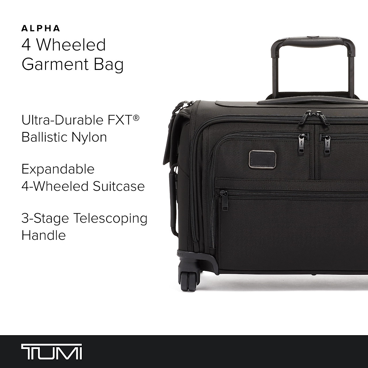 TUMI - Alpha Garment 4-Wheel Carry-On Luggage - Zippered Section for a Suit - 22-Inch Dress or Suit Bag for Men and Women - Black