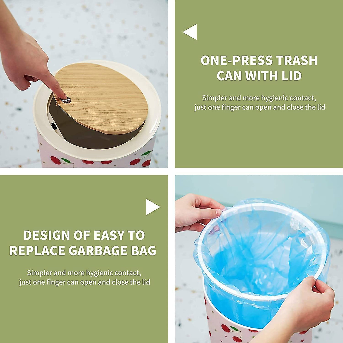 Small Trash Can with Lid for Bathroom Kitchen Office Diaper Seamless red cherries a green leaf Pink dots Summer cherry berries Bedroom Garbage Trash Bin Dog Proof Waste Basket Cute Decorative